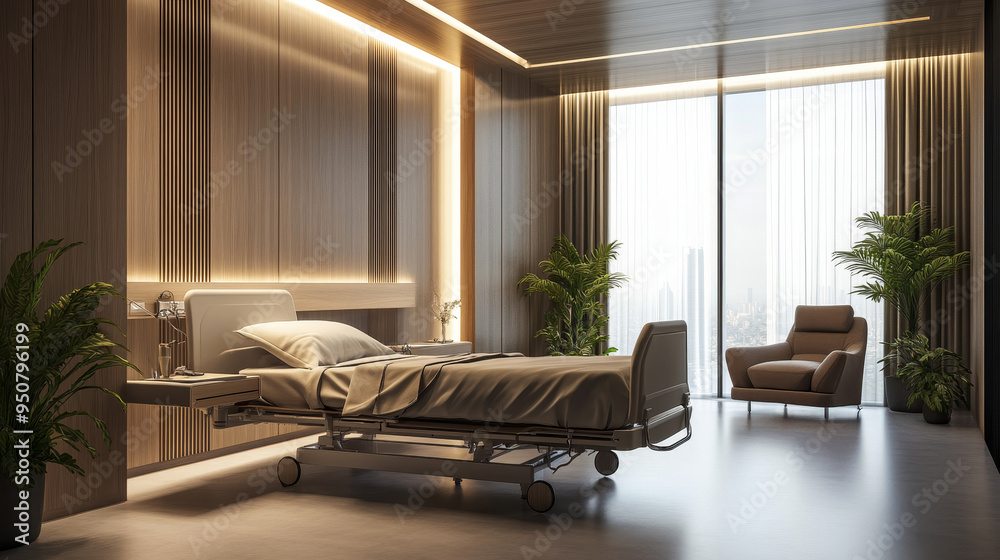 The 3D rendering showcases a stylish private hospital room with a ...