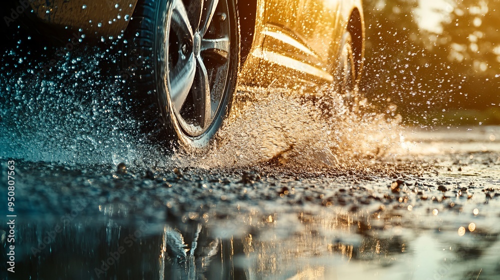 The car tire splashes through a puddle of water, creating a spray of ...