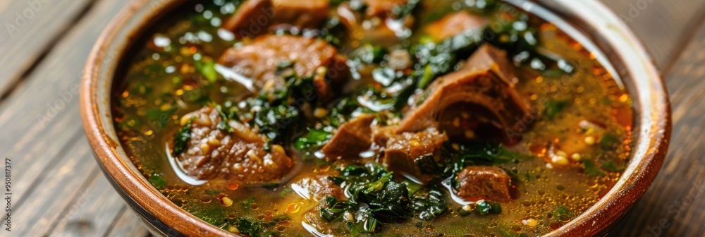 Afang Soup, a traditional dish, enriched with bone broth, palm oil ...