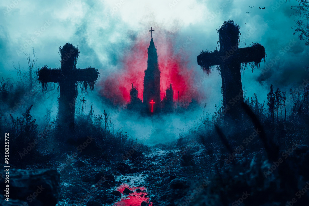Sinister church with crosses and glowing red windows, shrouded in mist ...