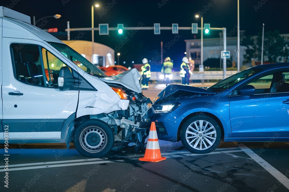 Nighttime road accident, white van damaged, blue car impacted ...