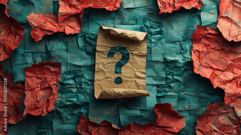 Colored crumpled paper with question marks is a background for quizzes ...