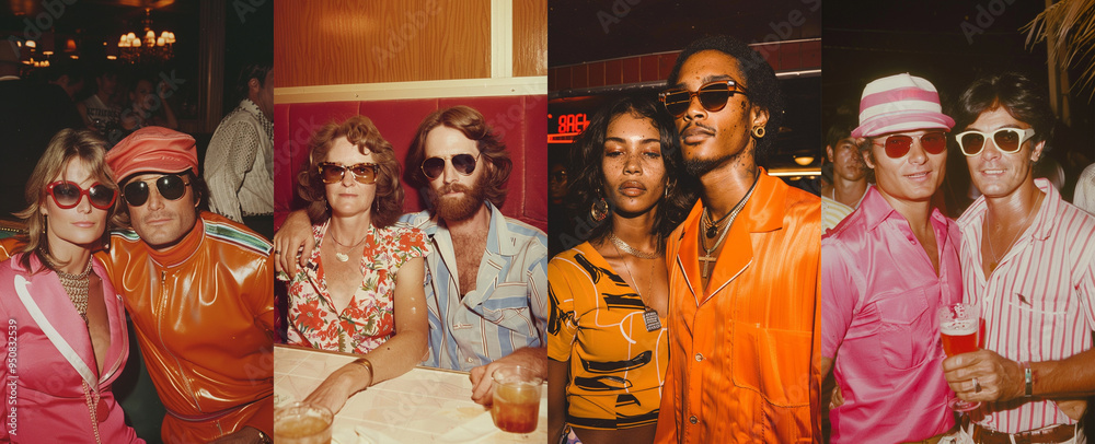 Collage of retro-themed couples in vintage attire and sunglasses ...