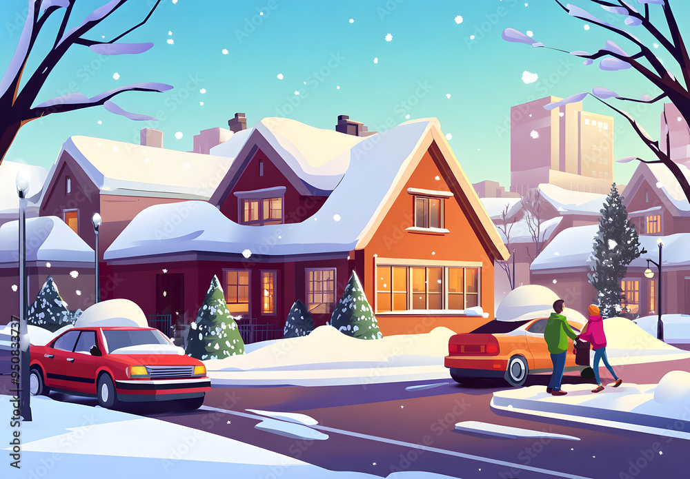ภาพประกอบสต็อก Suburban street on winter with red house, cars on ...