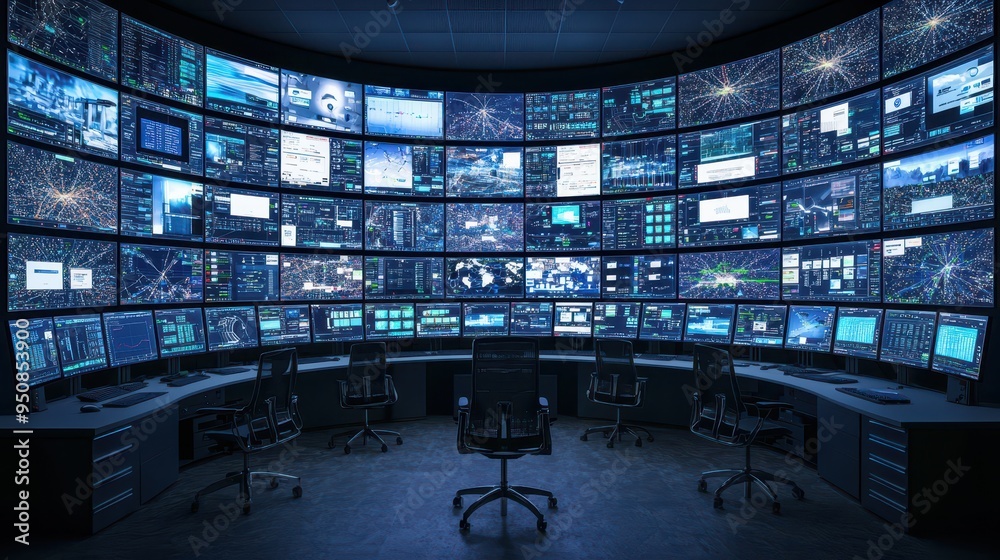 High-tech control room with multiple screens showing global broadband ...