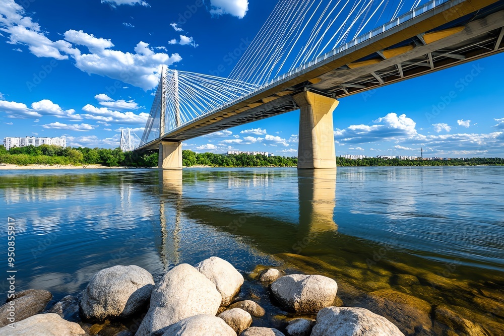 Bridge Suspension, Steel, and River depicted in a panoramic view where ...