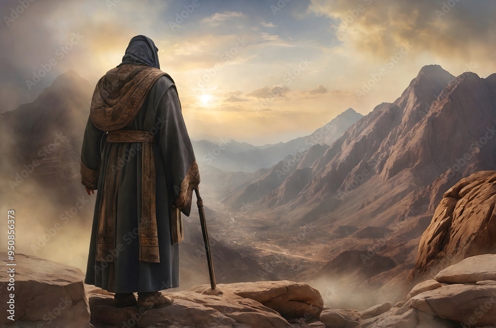 Moses stands next to Mount Sinai. Bible stories. Stock Photo | Adobe Stock