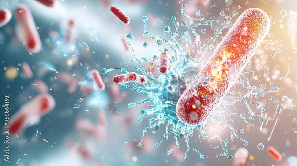 A close-up depiction of a bacterium being neutralized by a powerful ...