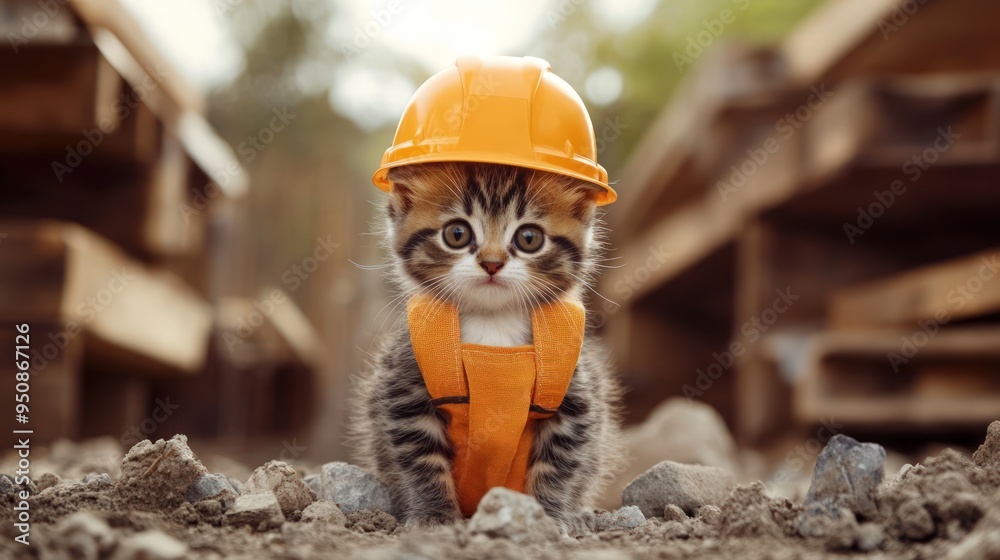 Cute kitten wearing a construction worker hat and overalls, looking at ...