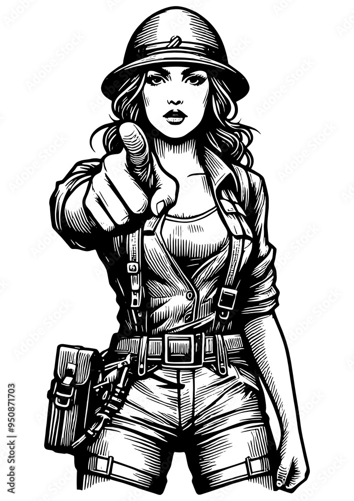 woman in military gear pointing forward, classic recruitment poster or ...