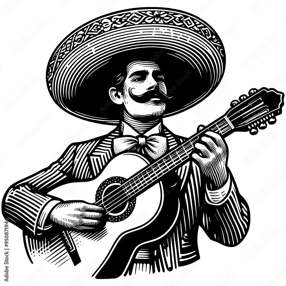 Mexican mariachi musician playing guitar, traditional sombrero and ...