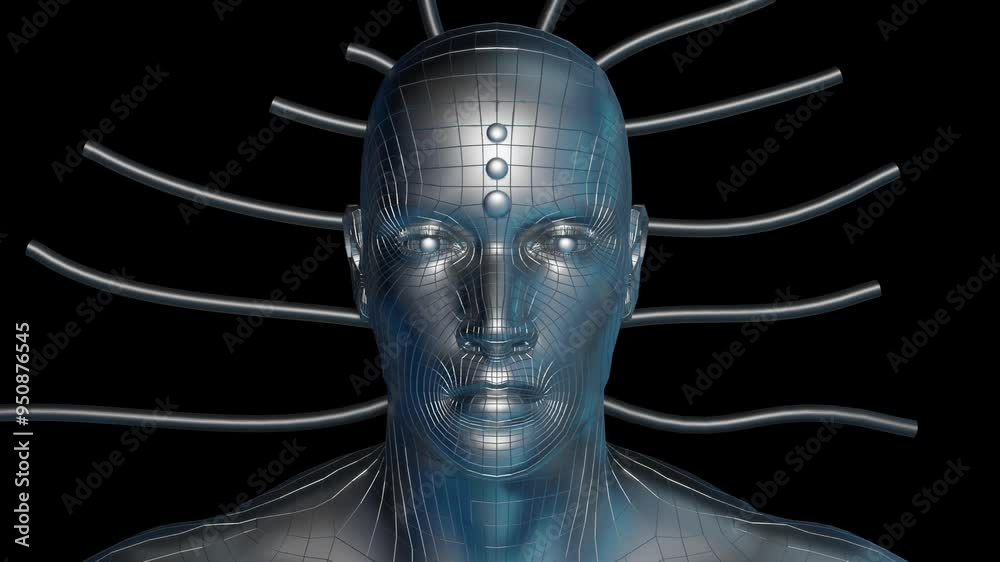Robotic male android face with wires growing out of head. AI God ...