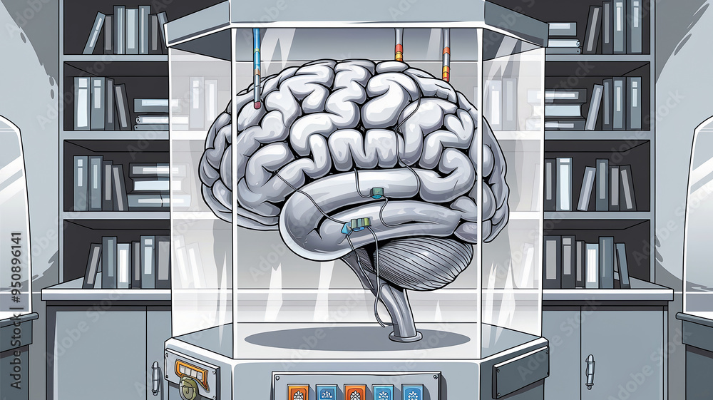A cartoon illustration of a large metallic brain with wires and ...