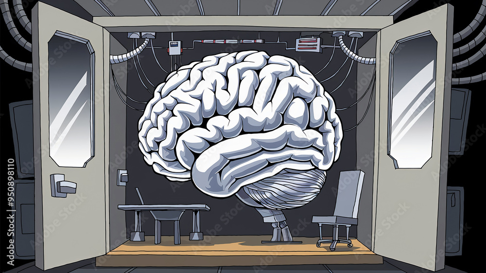 A cartoon illustration of a large metallic brain with wires and ...