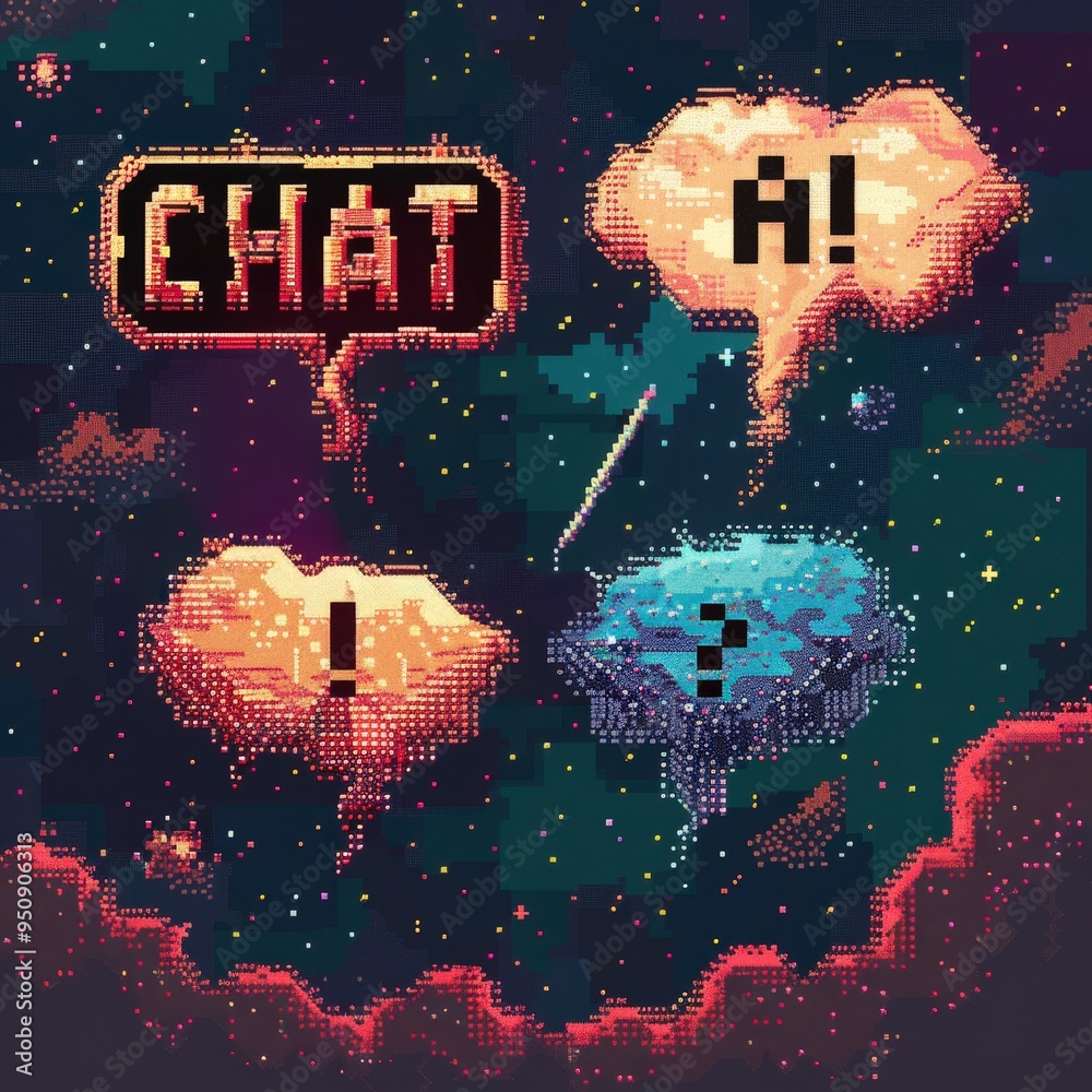 Pixelated chat bubbles with exclamation points, question mark, and "Hi ...