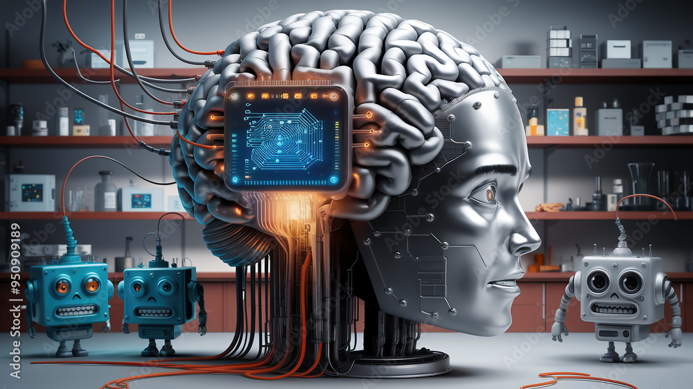 computer's AI mind processor. The brain has a network of wires and ...