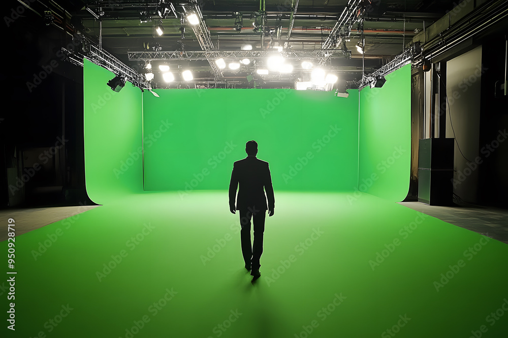 Vivid green screen backdrop enabling seamless digital scenery insertion ...