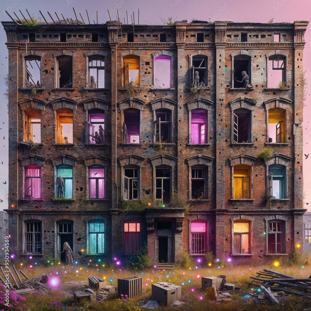 An old, deteriorating building stands tall with colorful lights glowing ...