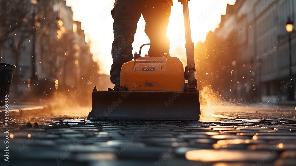 Construction worker using a plate compactor on a cobblestone path ...