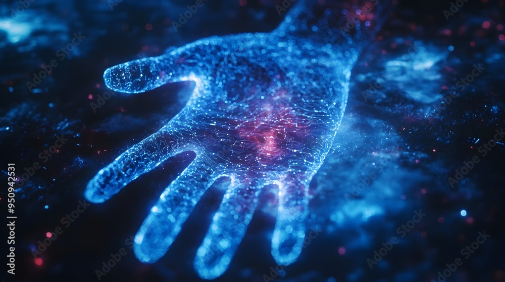 Double exposure of a glowing handprint showing biometric data, fused ...