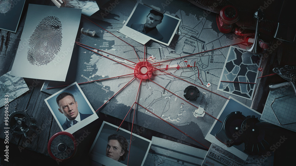 Detective board with fingerprints, photos, map, and clues connected by ...