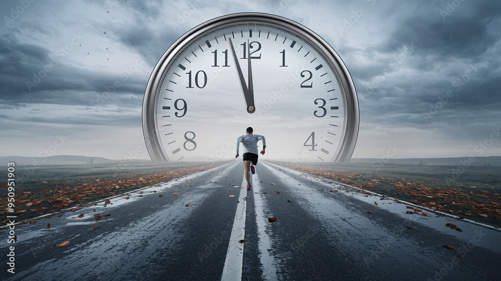 Open road leading to horizon with a man sprinting, floating clock with ...