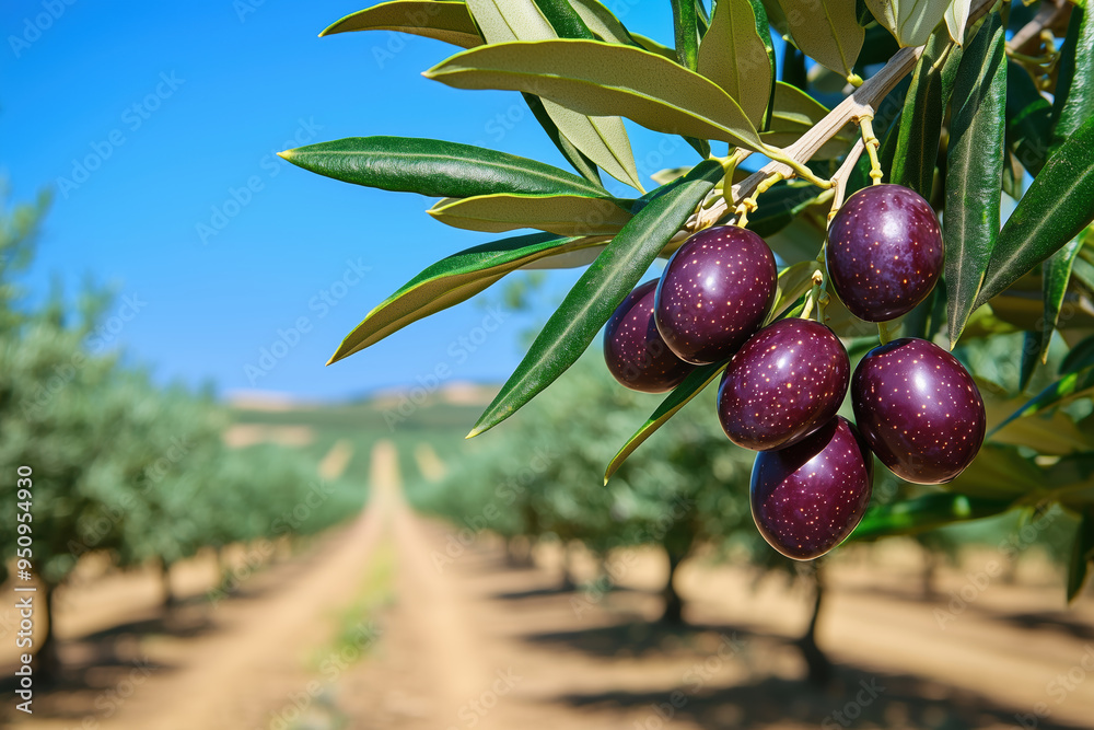 Kalamata olives growing on an olive branch of an olive tree with green ...