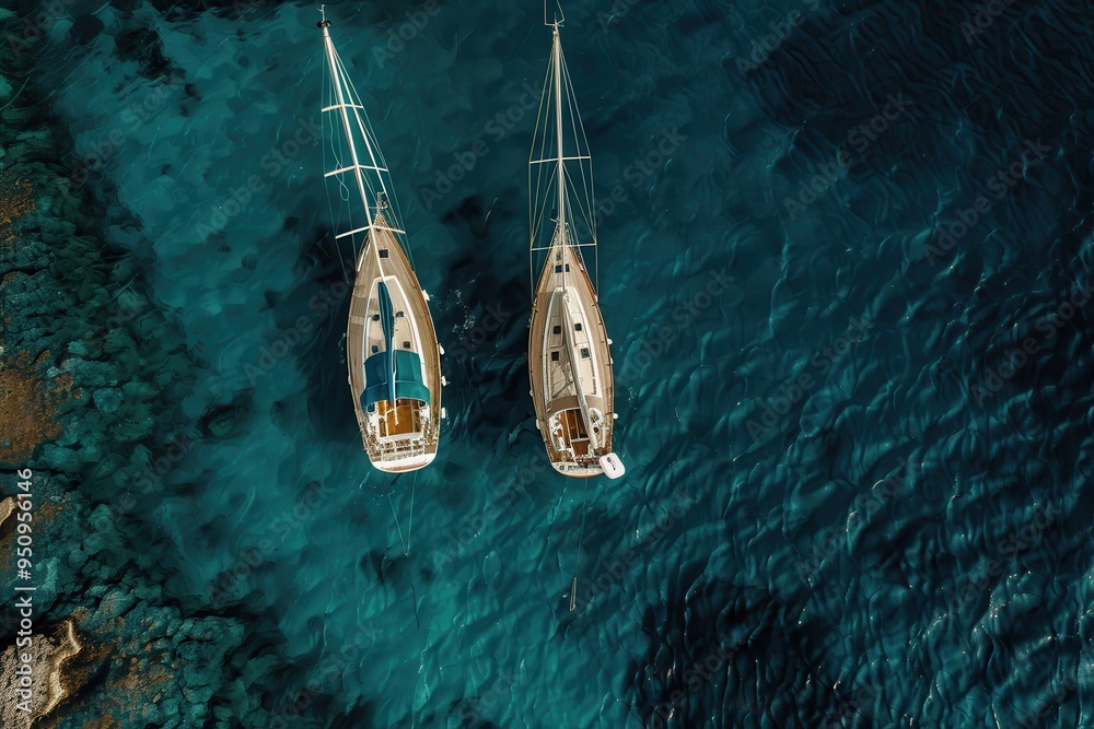 Bird s eye view of two sailboats anchored in the ocean Stock Photo ...