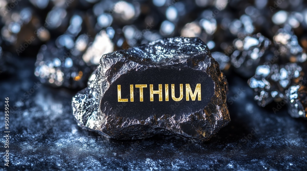 Raw lithium ore with labeled sign, critical for battery production and ...
