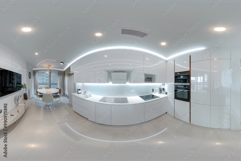 HDRI 360 spherical panorama view of modern luxury kitchen in white ...