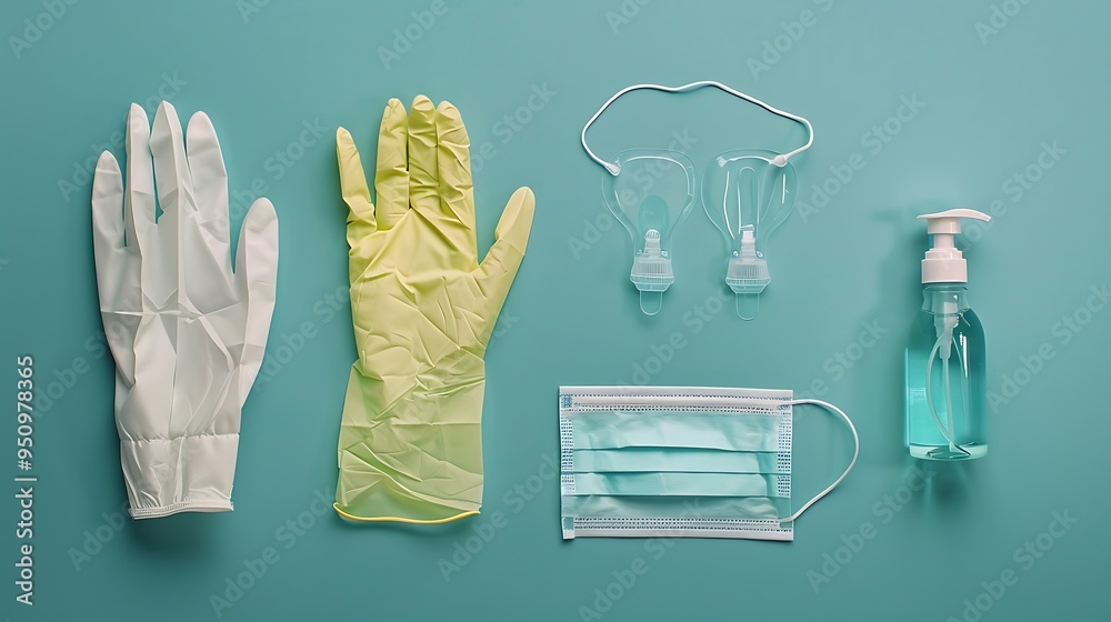 Top down view of surgical gloves face mask and hand sanitizer used for ...