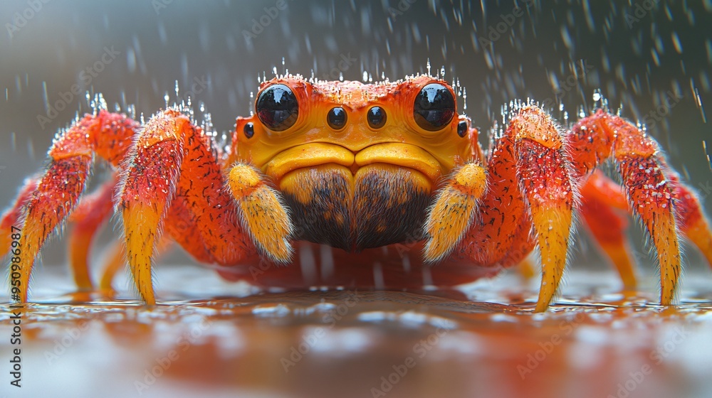 Vivid Crab in Tropical Downpour: A vibrant red and yellow crab braves ...
