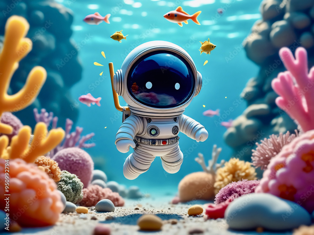 Cute Chibi Kawaii Astronaut Swimming Underwater Ocean Coral Reef Fish ...