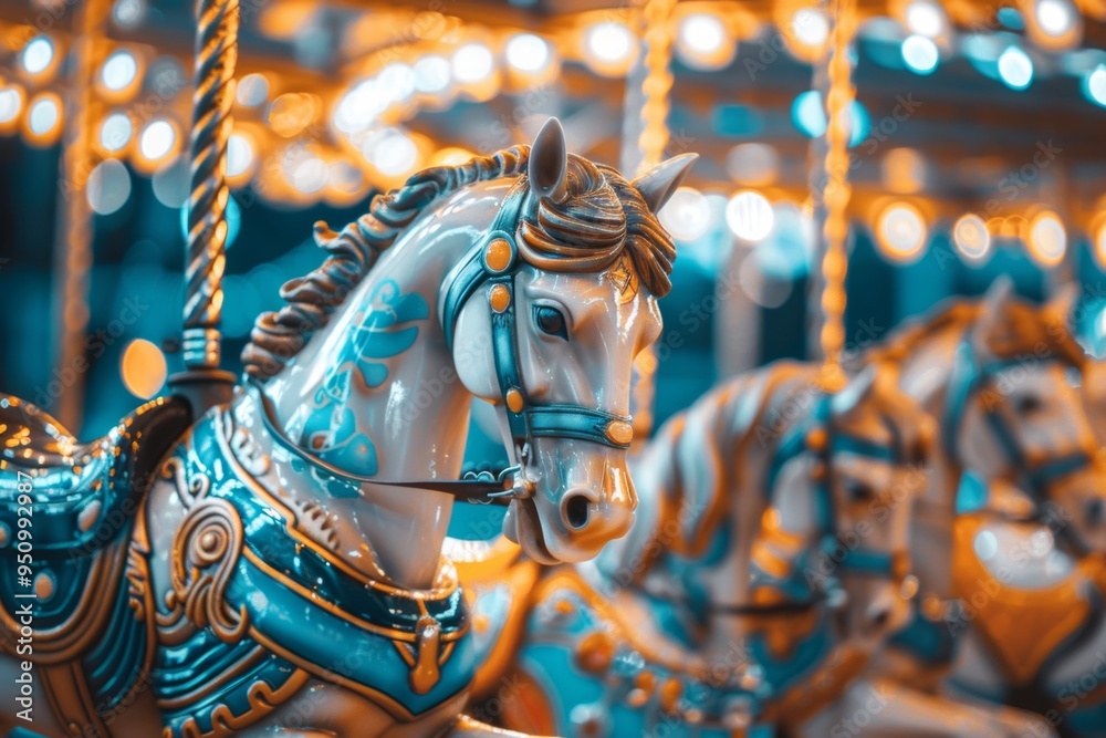 Colorful carousel with ornate horses spinning at an amusement park in ...