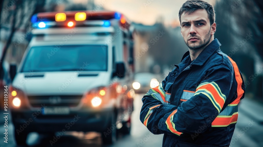 Caucasian male emergency worker stands resolutely before ambulance with ...
