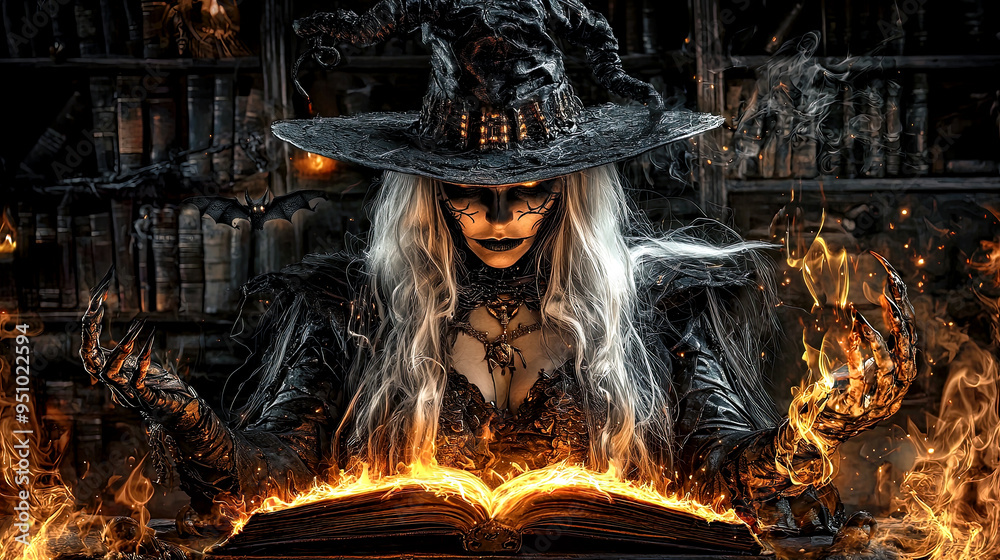 Dark gothic witch casting a magic fire spell reading from a spellbook ...