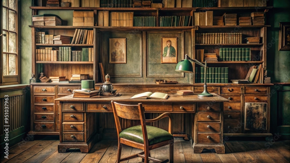 Vintage workspace with antique desk covered in old books and ...