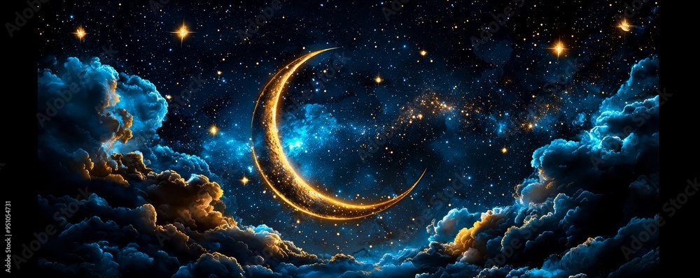 Ethereal watercolor illustration of a magical starlit sky with a ...