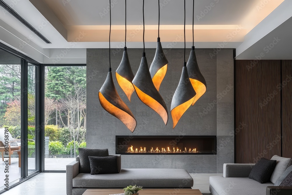 Modern pendant lights hang over a sofa. This image is perfect for ...