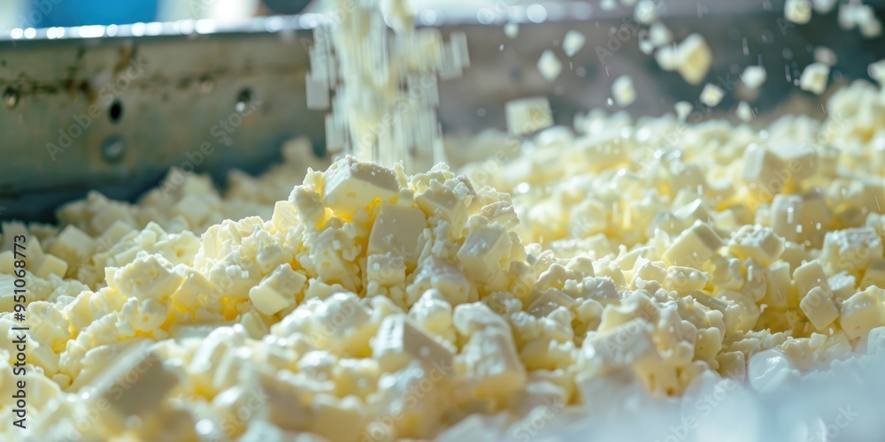 Overview of curds and whey being sliced in a tank at a cheese-making ...