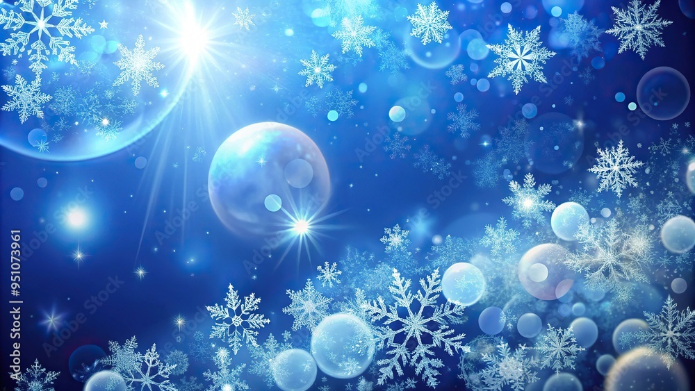 Blue background with deep snowflakes falling under moonlight, creating ...