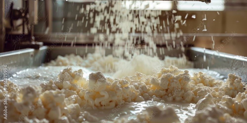 Overview of curds and whey being sliced in a tank at a cheese ...