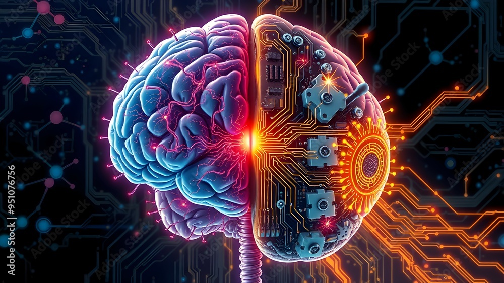 An artistic representation of a brain that’s half human and half ...