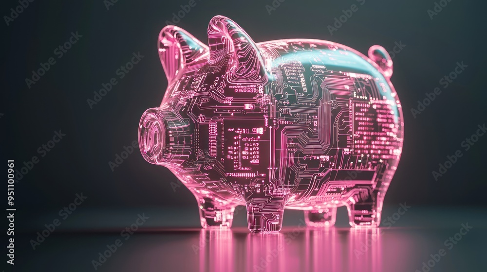 Glowing Tech-Savvy Digital Piggy Bank with Circuit Board Texture in ...