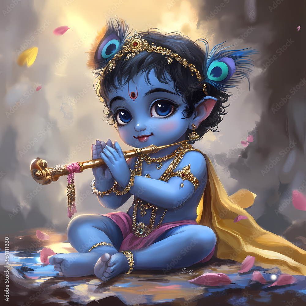 Cute little baby Krishna with sacred cow. Hindu god Lord Krishna with ...