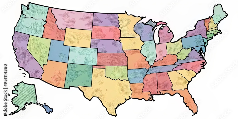 Vintage style illustrated map of the United States with bold black ...