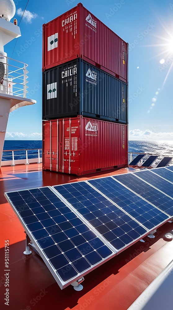 large cargo ship adorned with numerous solar panels, illustrating the ...