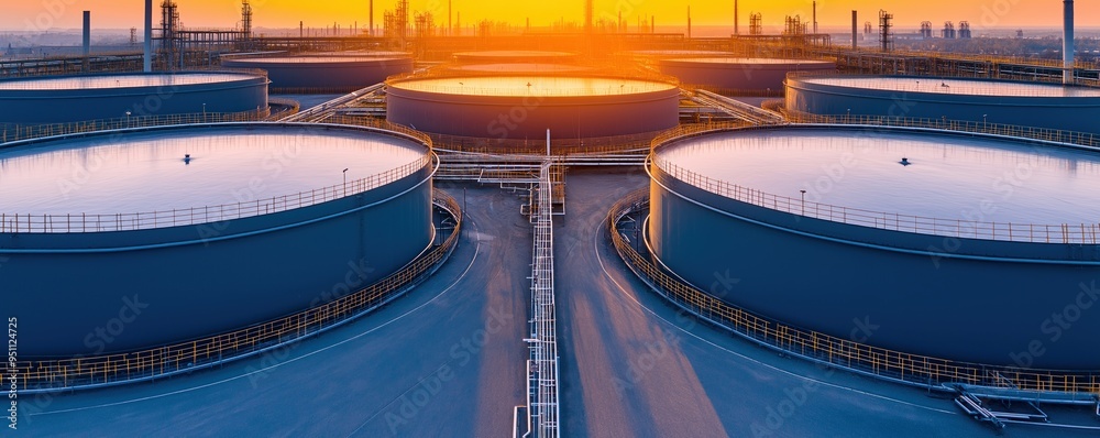 Foto de High-tech oil storage tanks surrounded by safety barriers and ...