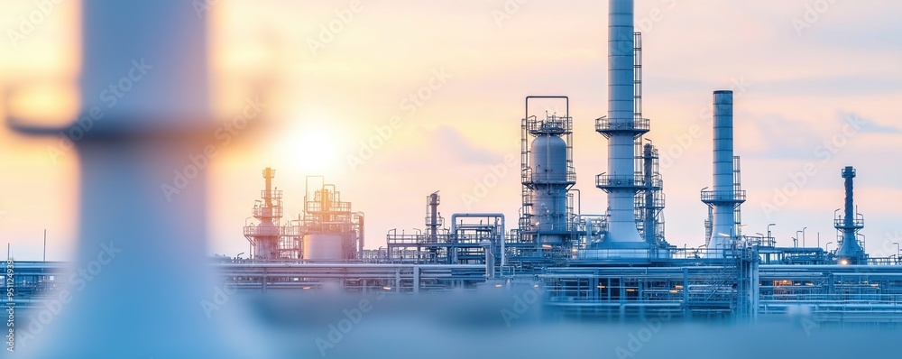 Expansive oil refinery complex with cooling towers and distillation ...