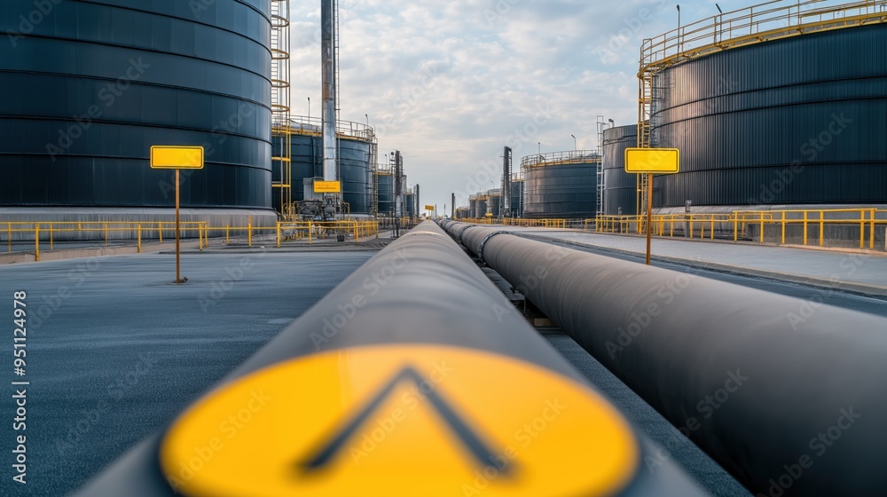 Close-up of enormous oil tanks with safety signage and pipelines, oil ...